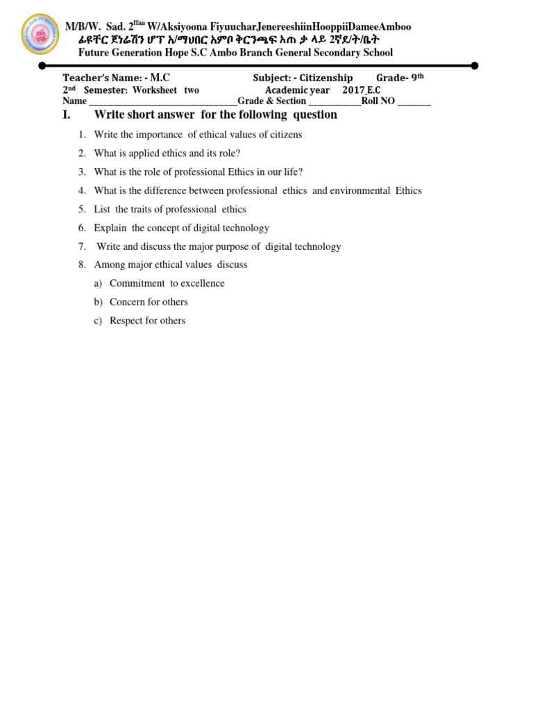 Grade 9 Ctizenship Worksheet | PDF