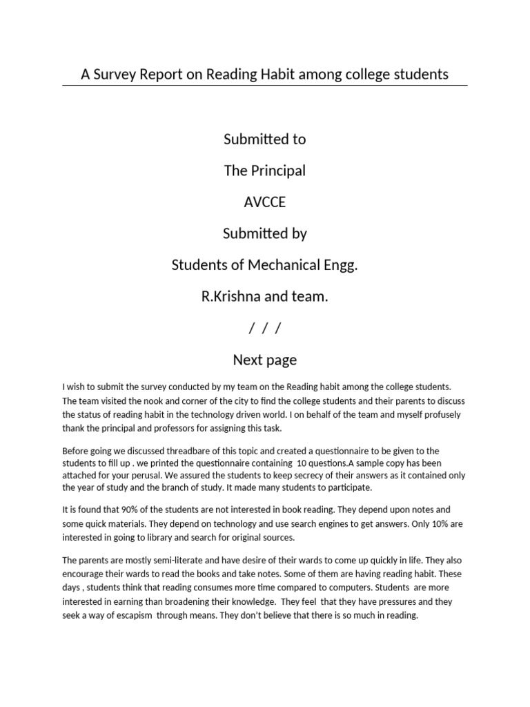 A Survey Report On Reading Habit Among College Students | PDF
