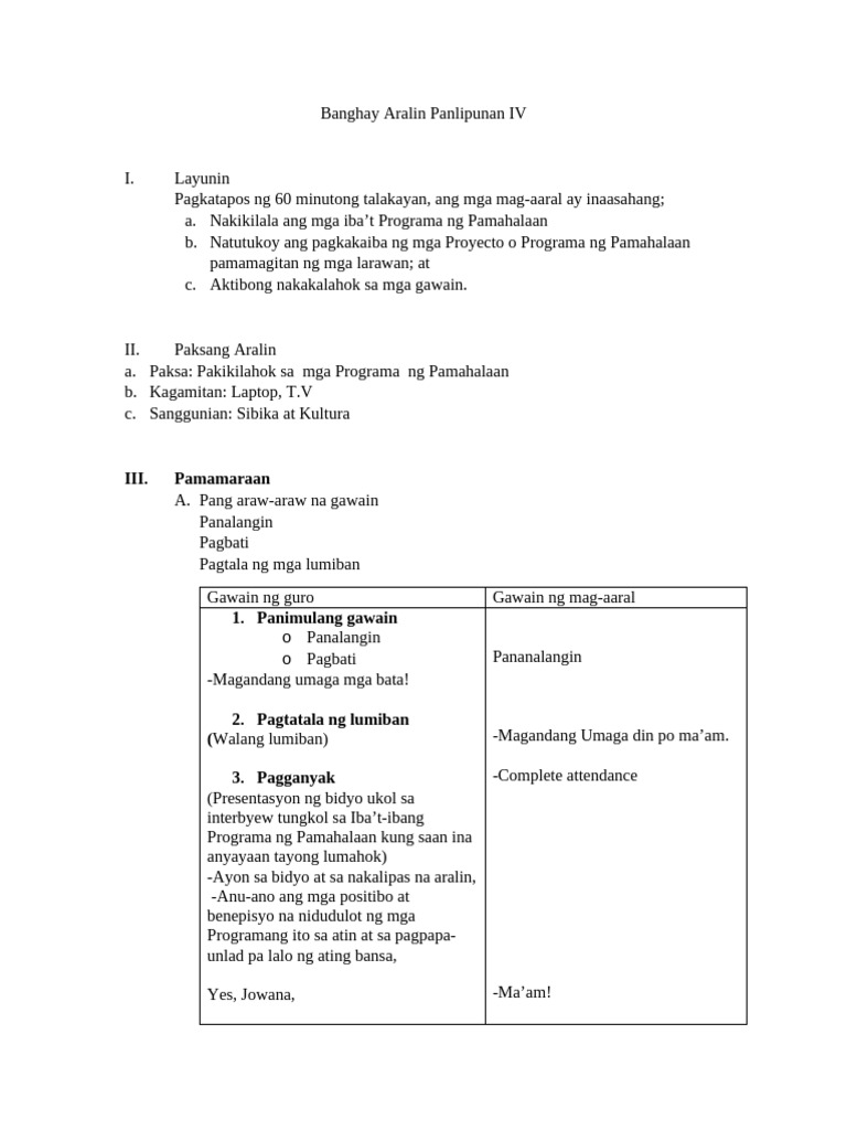 Banghay-Aralin-Panlipunan-IV | PDF