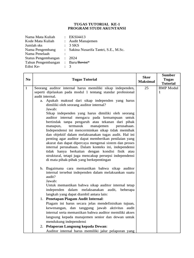 Jawaban EKSI4413 Tugas 1 Audit Manajemen | PDF
