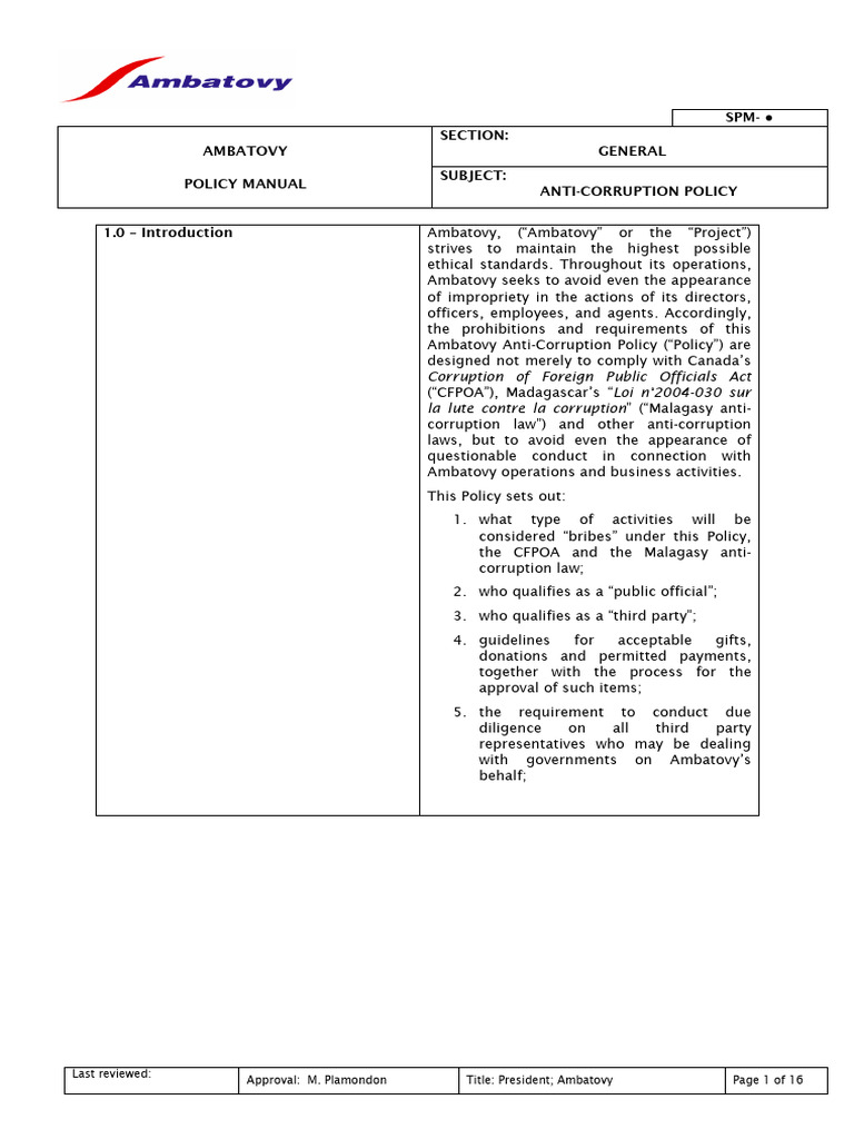 Ambatovy Anti-Corruption Policy | PDF | Per Diem | Subsidiary