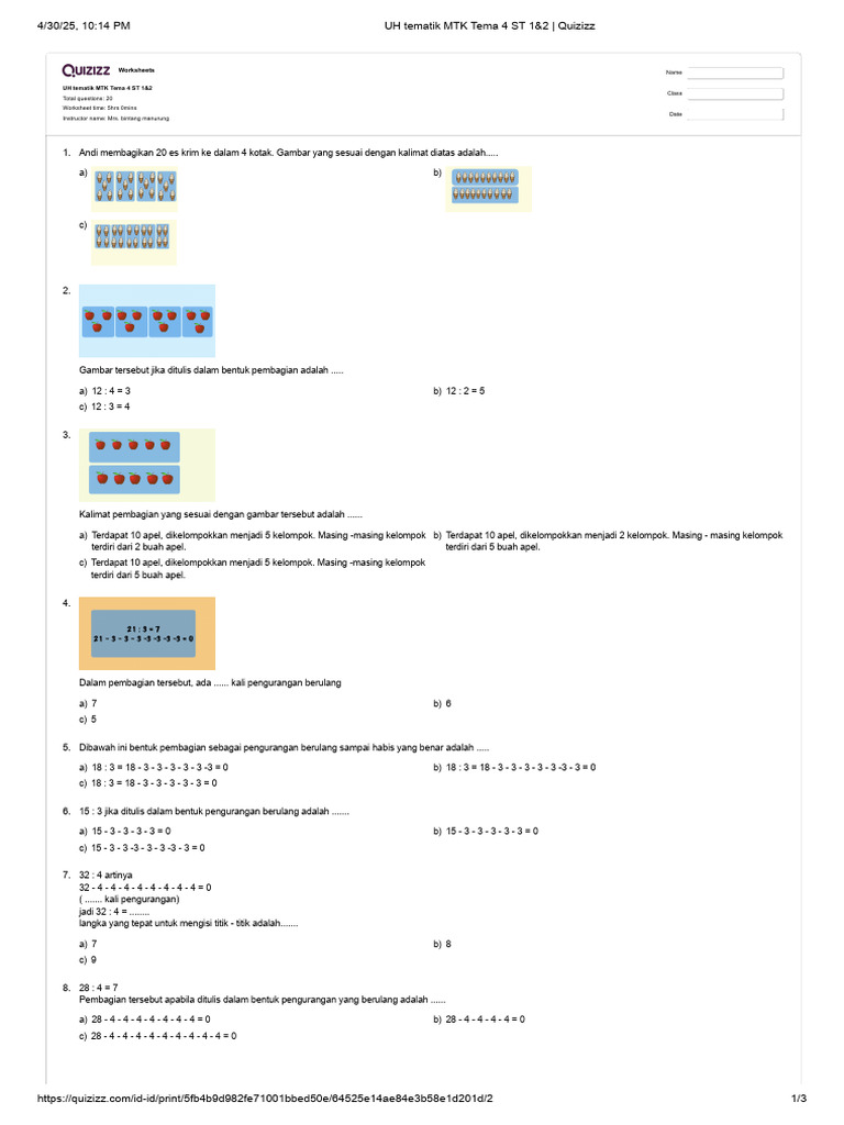 Quizizz - UH tematik MTK Tema 4 ST 1&2 | PDF