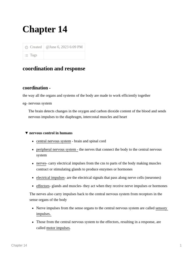 Igcse Biology CH 14 Coordination and Response | PDF | Nervous System ...