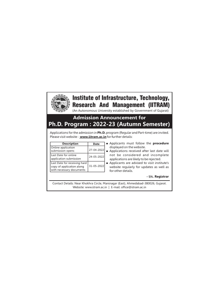 Advertisement PHD Autumn Semeser 2022 23 | PDF