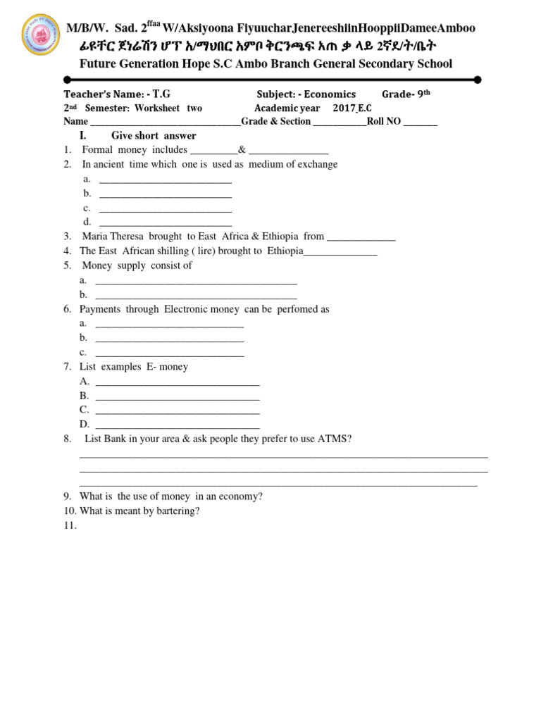 Grade 9 Economics Worksheet | PDF