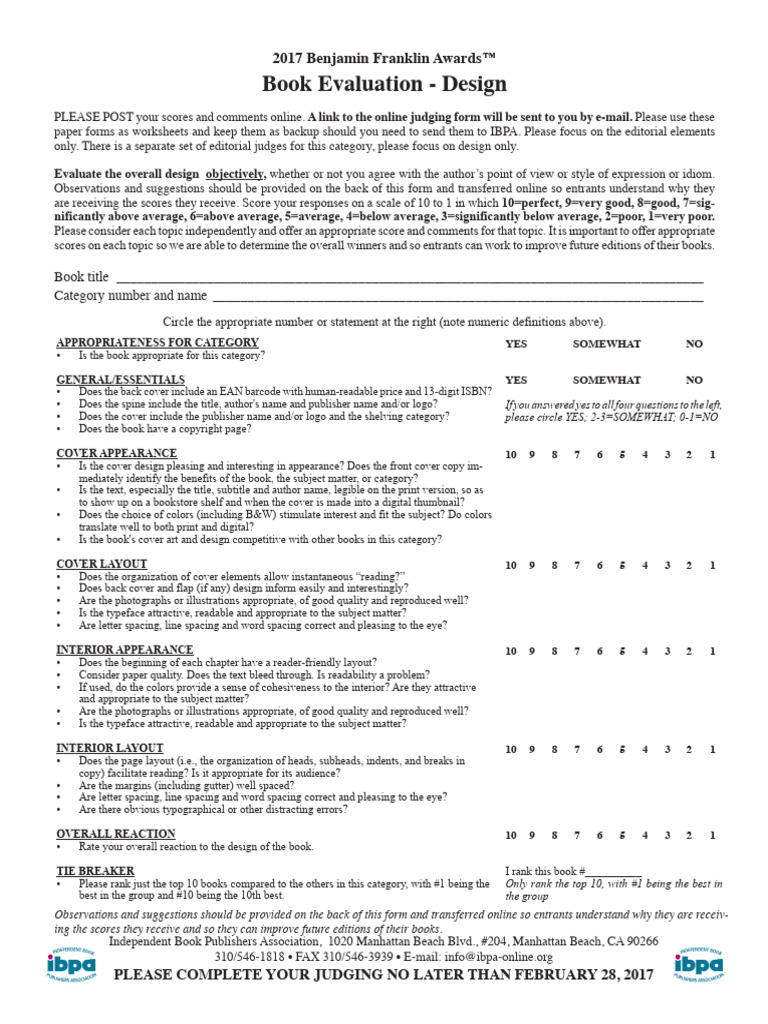 Book Design Evaluation Form | PDF | Books | Page Layout