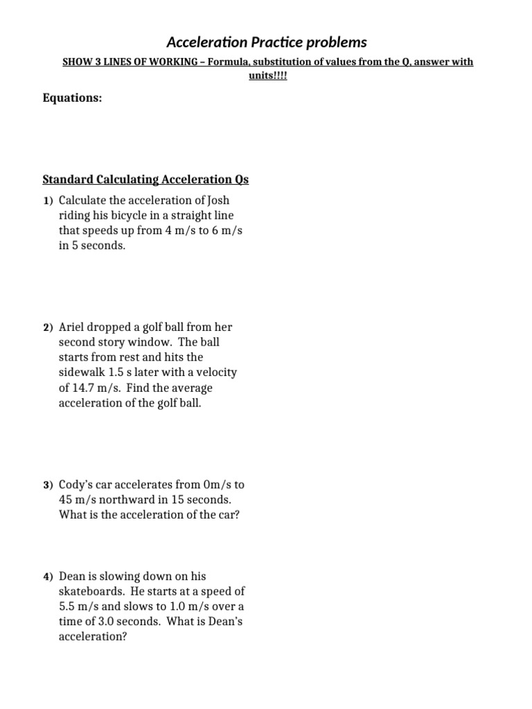 Acceleration Practice Problems | PDF