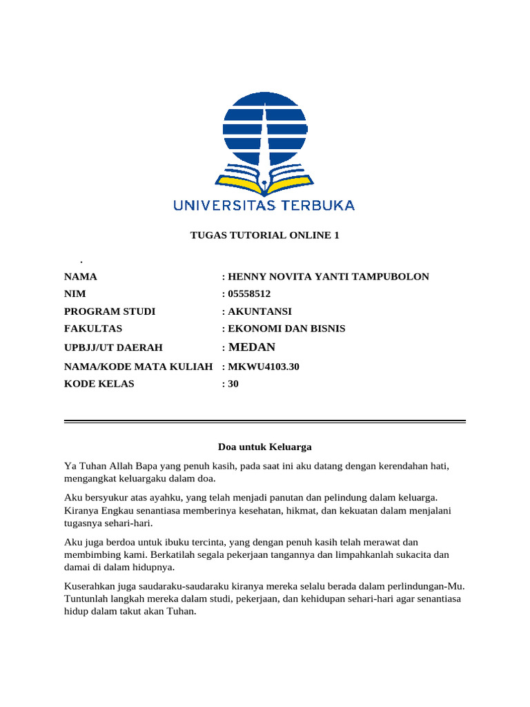 Contoh Cover Tugas TUTON-2 | PDF