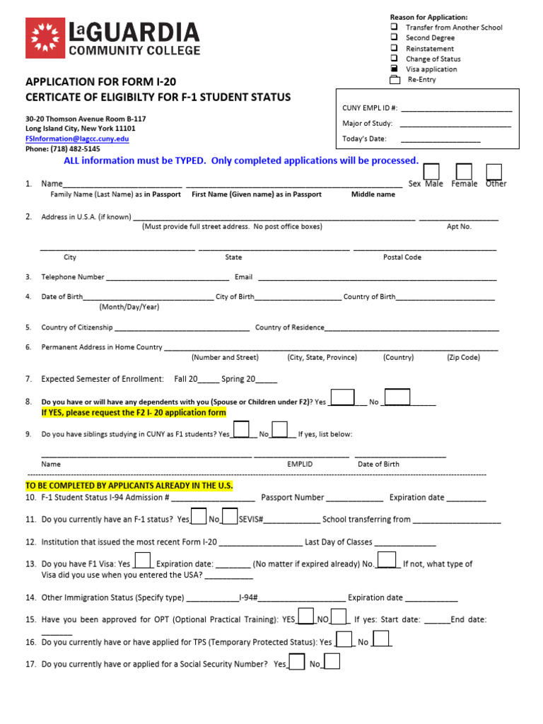 I-20 Application for F-1 Student Status | PDF