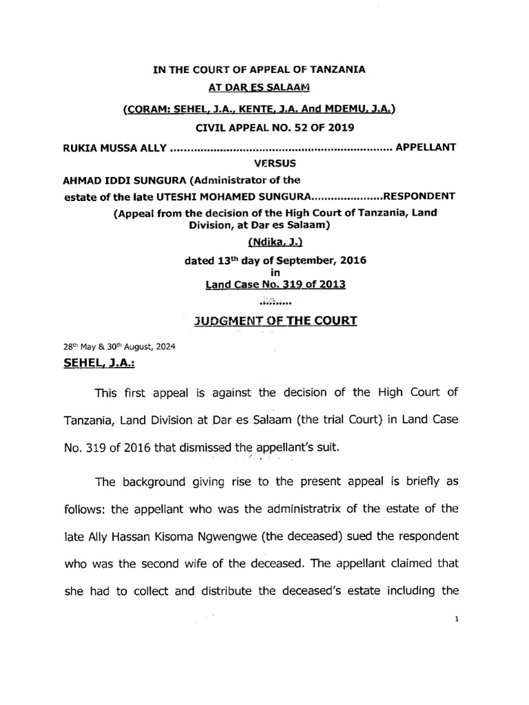 Rukia Mussa Ally Vs Ahmad Iddi Sungura (Civil Appeal No 52 of 2019 ...