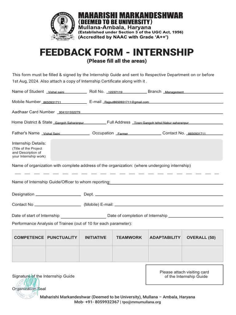 Feedback Form Internship 2025 | PDF