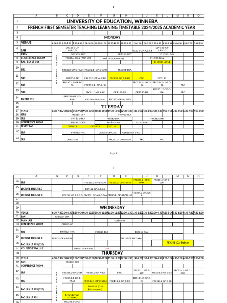 Provisional 2024-2025 First Sem Teaching Timetable | PDF