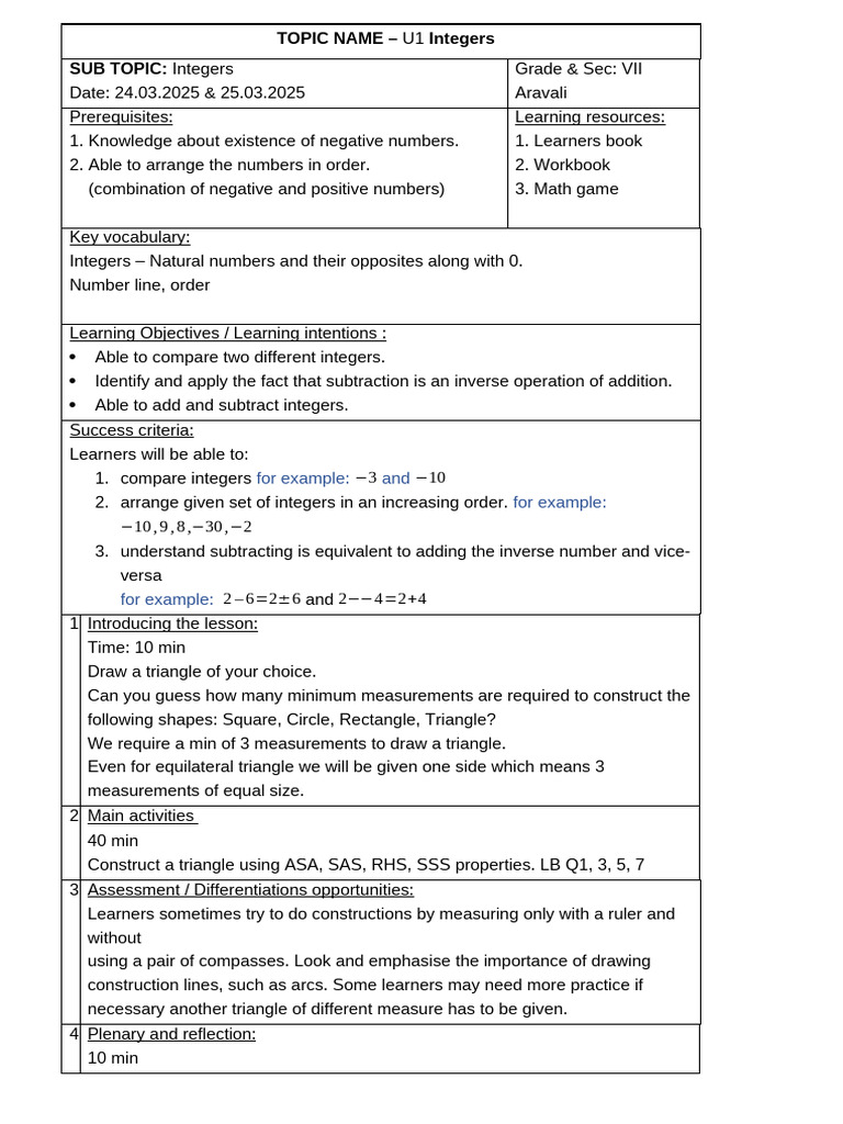 Lesson Plan - Grade 7 - U1 - Integers | PDF