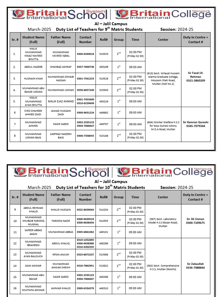 Duty List L-9th Al-Jalil Campus 2024-2025 | PDF