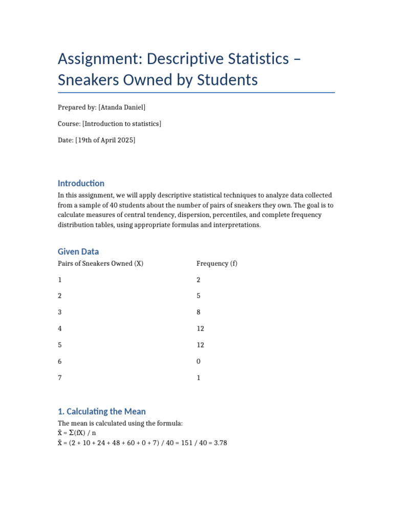 Sneakers Descriptive Statistics Assignment | PDF | Percentile | Statistics