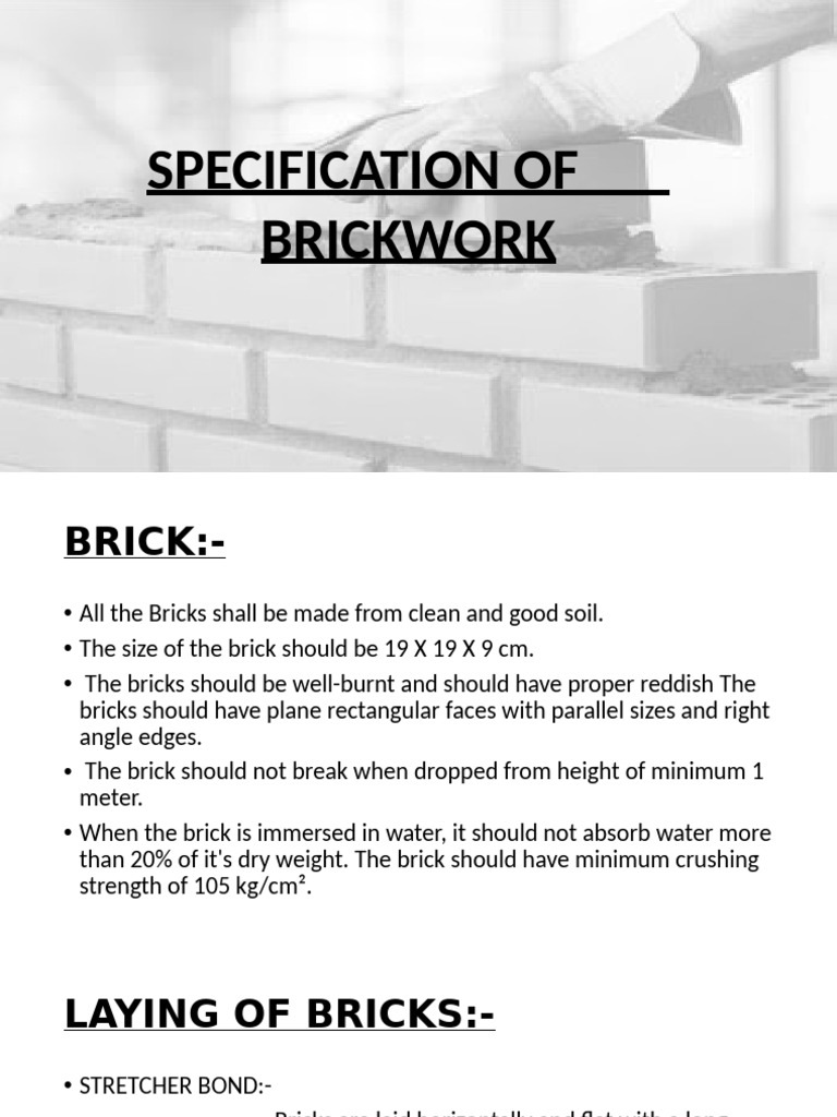 Specification of Brickwork Final | PDF | Brick | Building Materials