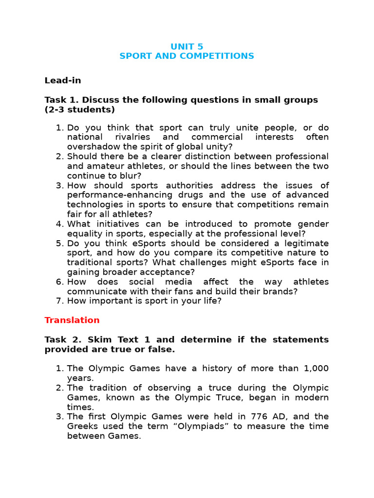 Unit 5. Sport and Competitions | PDF | Translations | Olympic Games