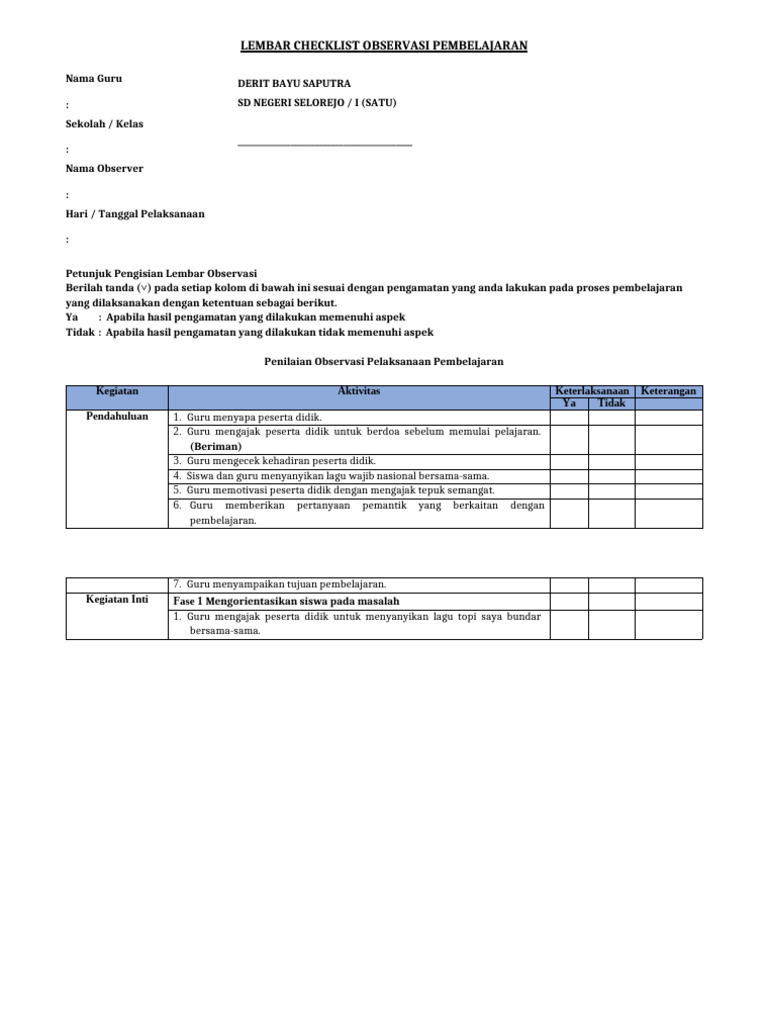 1. LEMBAR CHECKLIST OBSERVASI PEMBELAJARAN_KURNIA RETNO NINGTYAS (3) | PDF