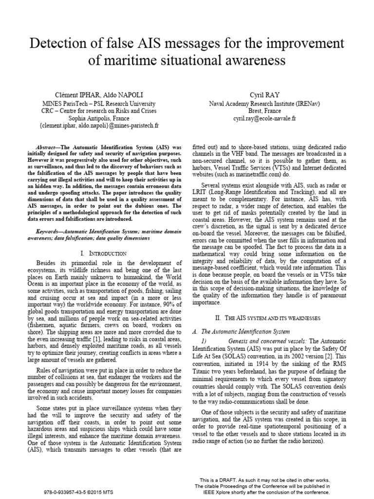 Detection of False AIS Messages For The Improvement of Maritime Situational - Awareness | PDF ...