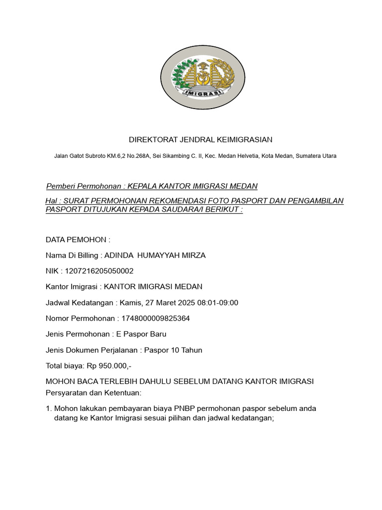 Dokumen Paspor Adinda Humairah | PDF