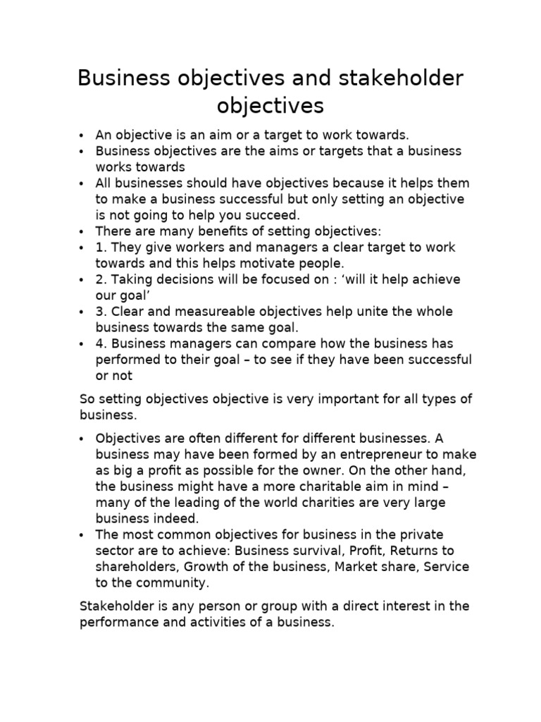 Business Objectives and Stakeholder Objectives | PDF