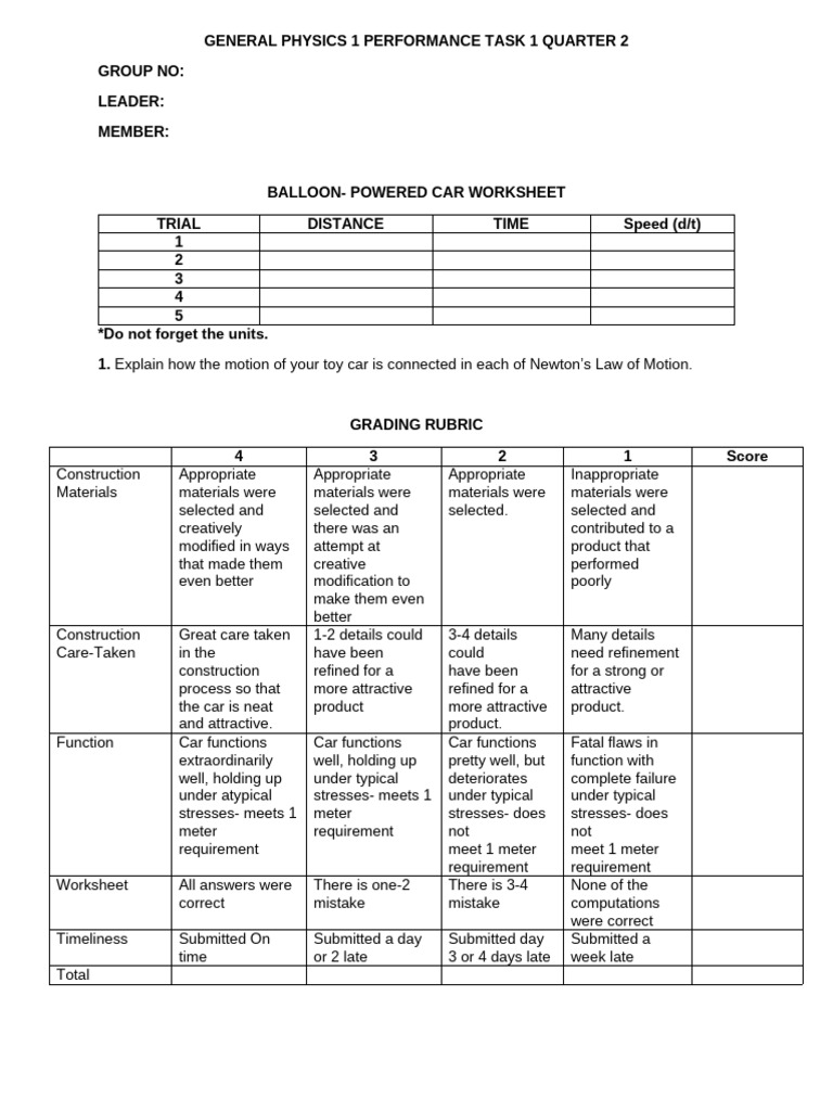Balloon Powered Car Worksheet | PDF | Physics