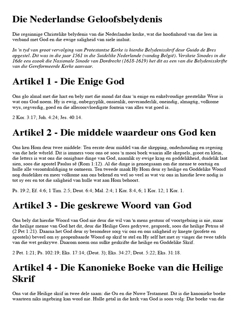 Die Nederlandse Geloofsbelydenis | PDF