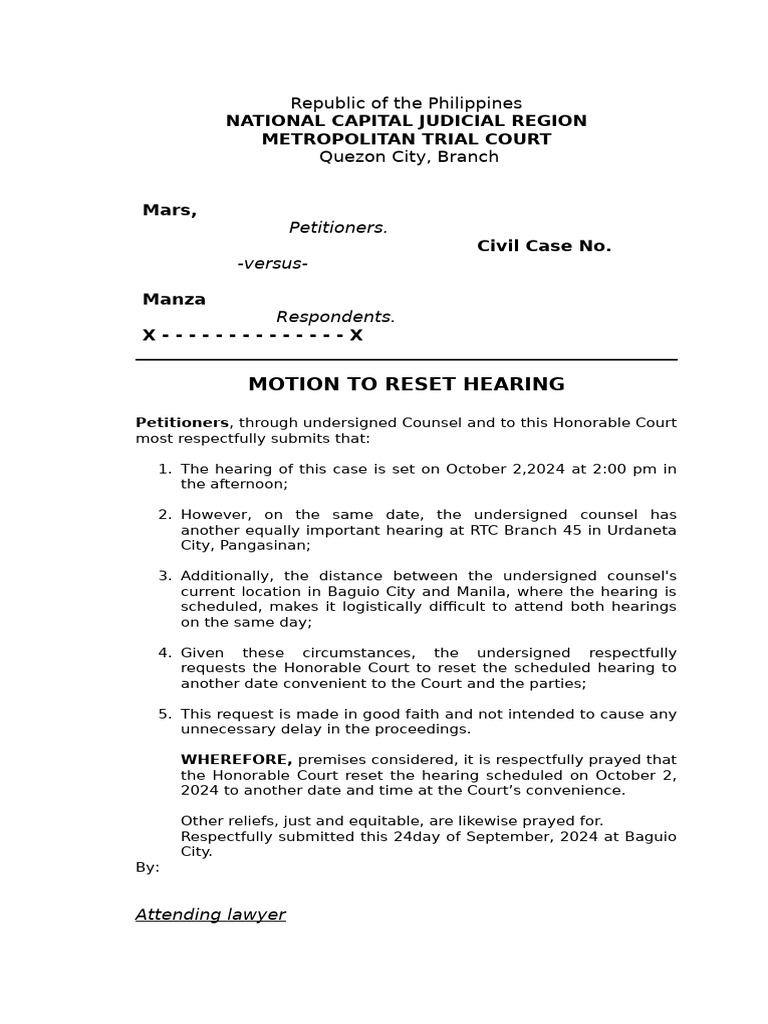 Motion to Reset Court Hearing Date | PDF