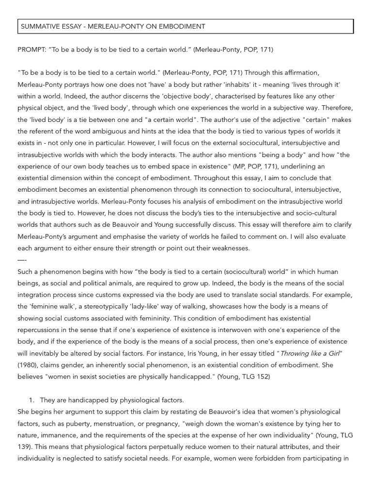 Merleau-Ponty's Embodiment Analysis | PDF | Experience | Mind