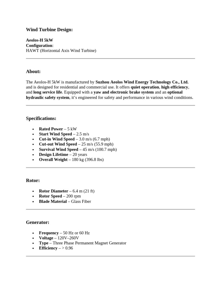 Aeolos-H 5kW Wind Turbine Overview | PDF
