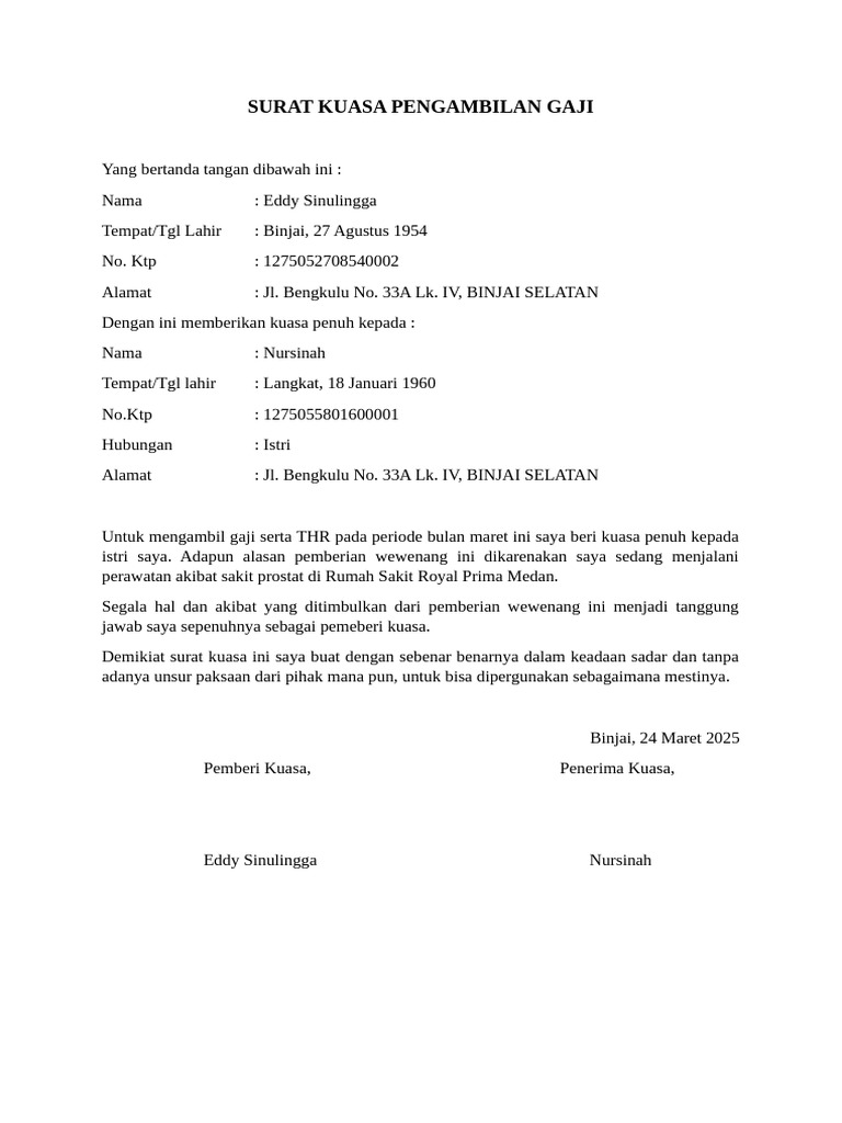 Surat Kuasa Pengambilan Gaji Eddy Sinulingga | PDF