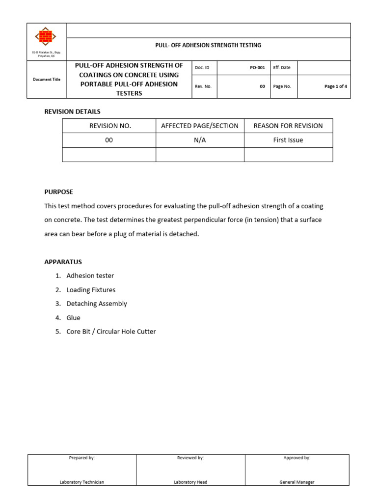Methodology Po-001-Pull Off Testing | PDF | Strength Of Materials ...