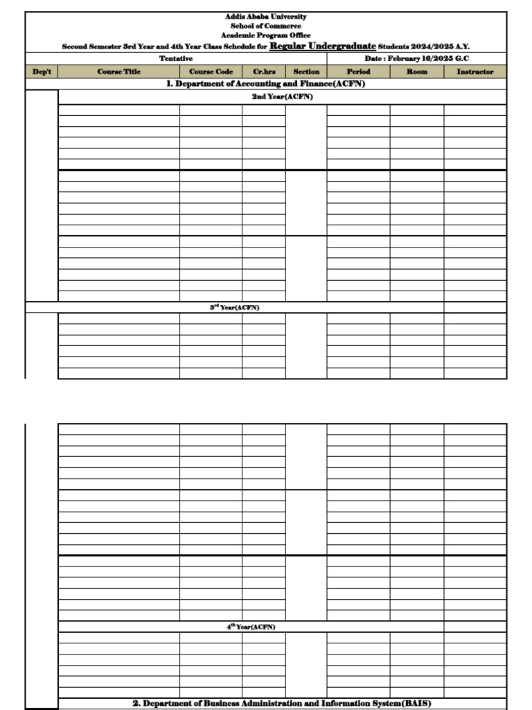 2nd Year and Above Second Semester Class Schedule For Regular ...