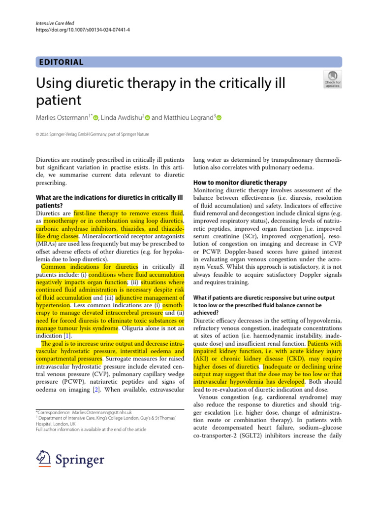 Using Diuretic Therapy in The Cretically Ill Patient | PDF | Medical ...
