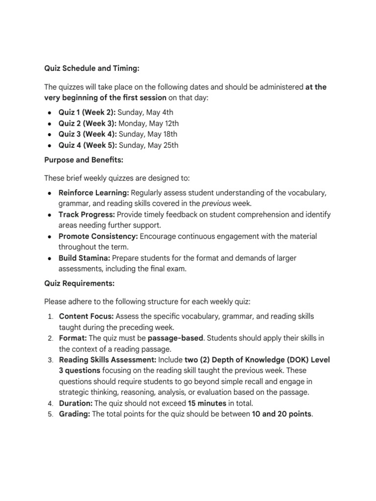 Guidelines and Schedule For Term 3 Weekly Quizzes - Years 2-7 | PDF ...