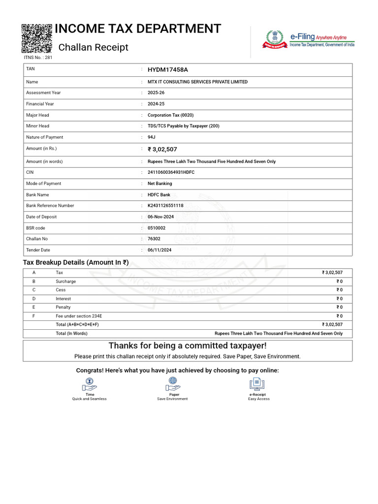 24110600364931HDFC ChallanReceipt | PDF | Taxes | Taxpayer