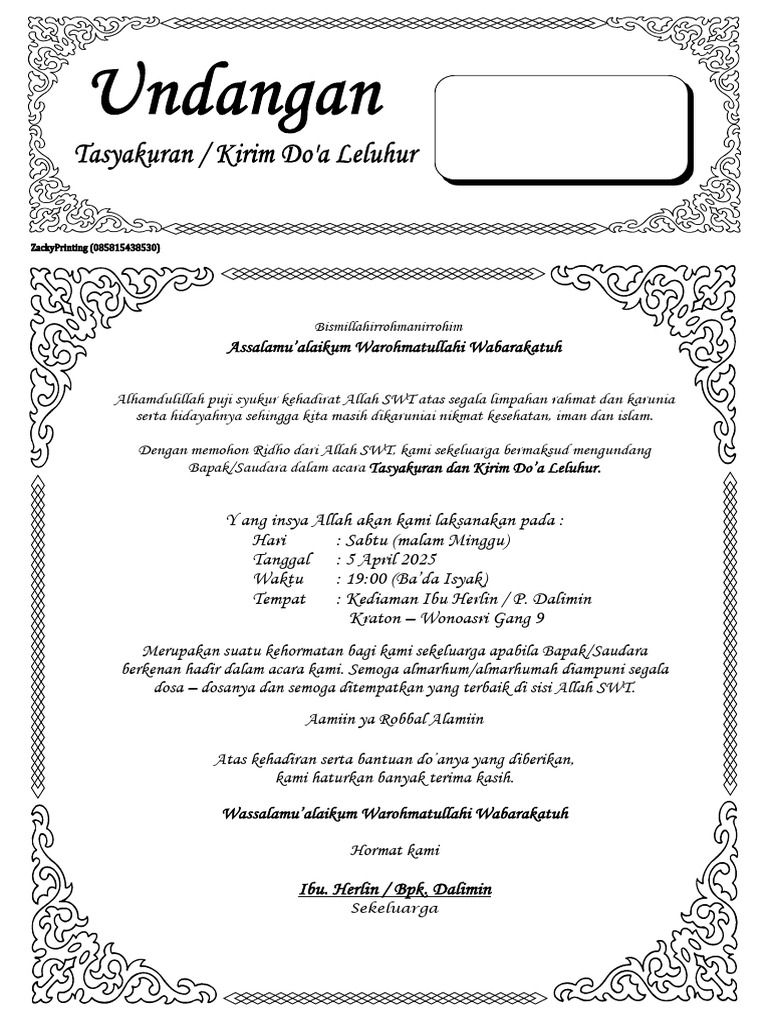 Undangan Tasyakuran Dan Kirim Doa | PDF
