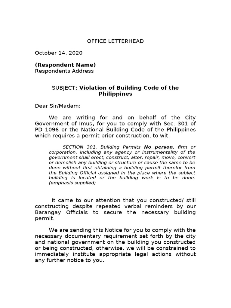 Demand Letter - Comply With Building Permit | PDF