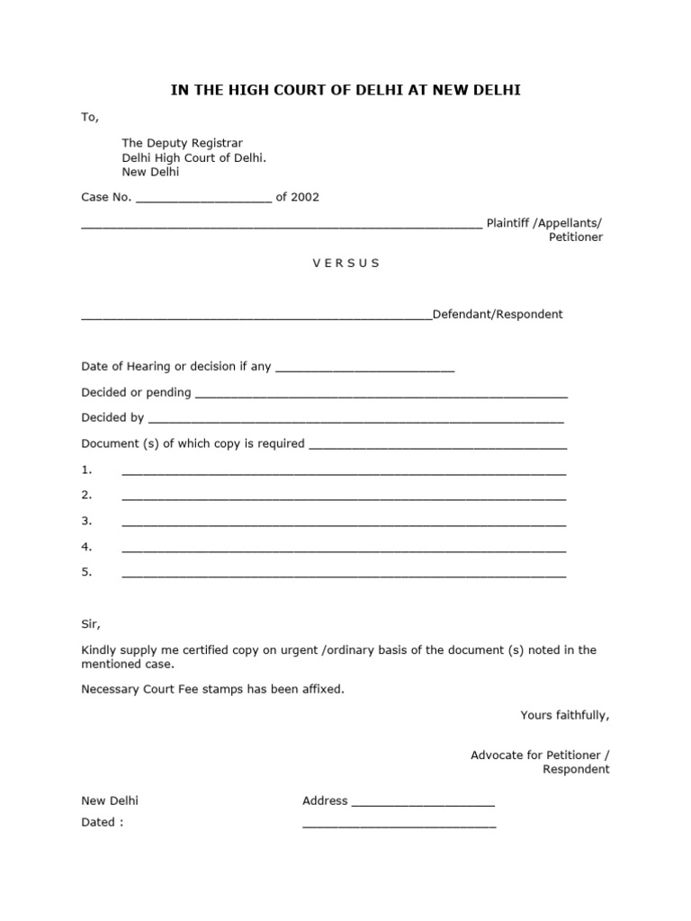 Certified Copy Application Form - Delhi High Court | PDF
