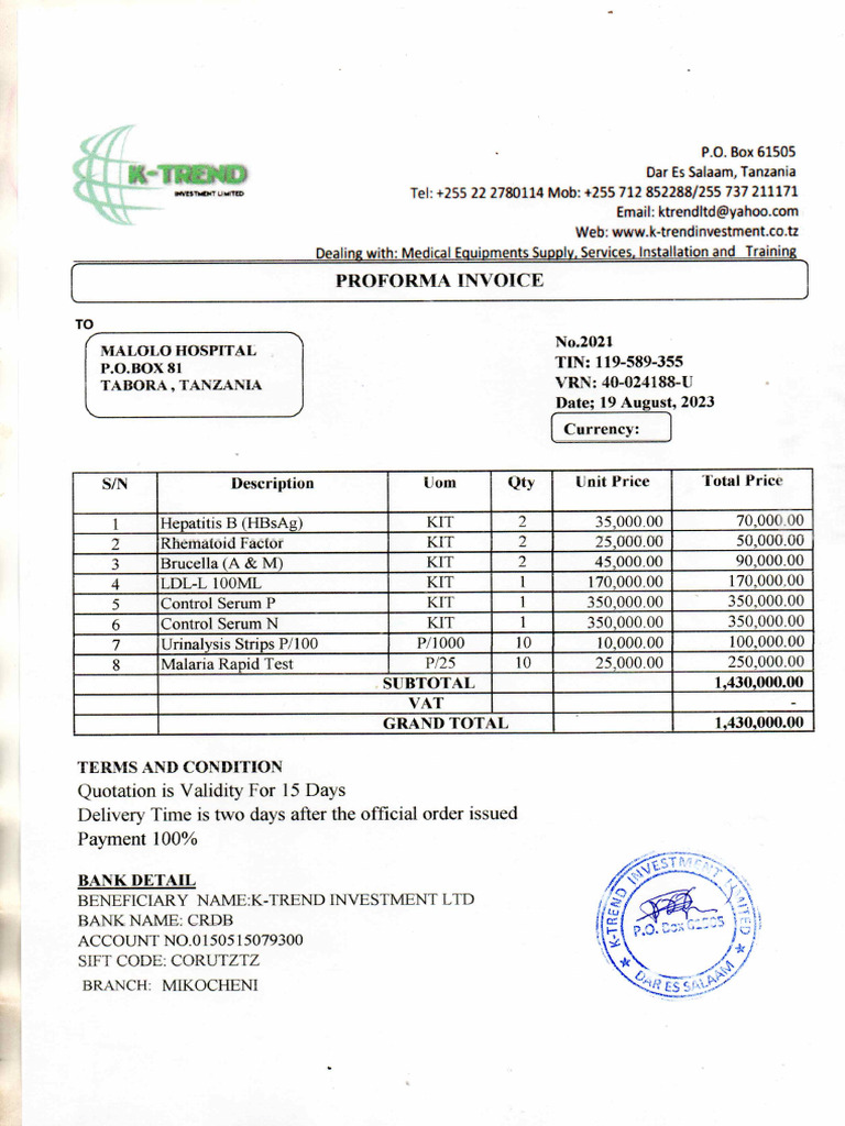 Malolo Proforma Invoice20230819 - 13211299 | PDF
