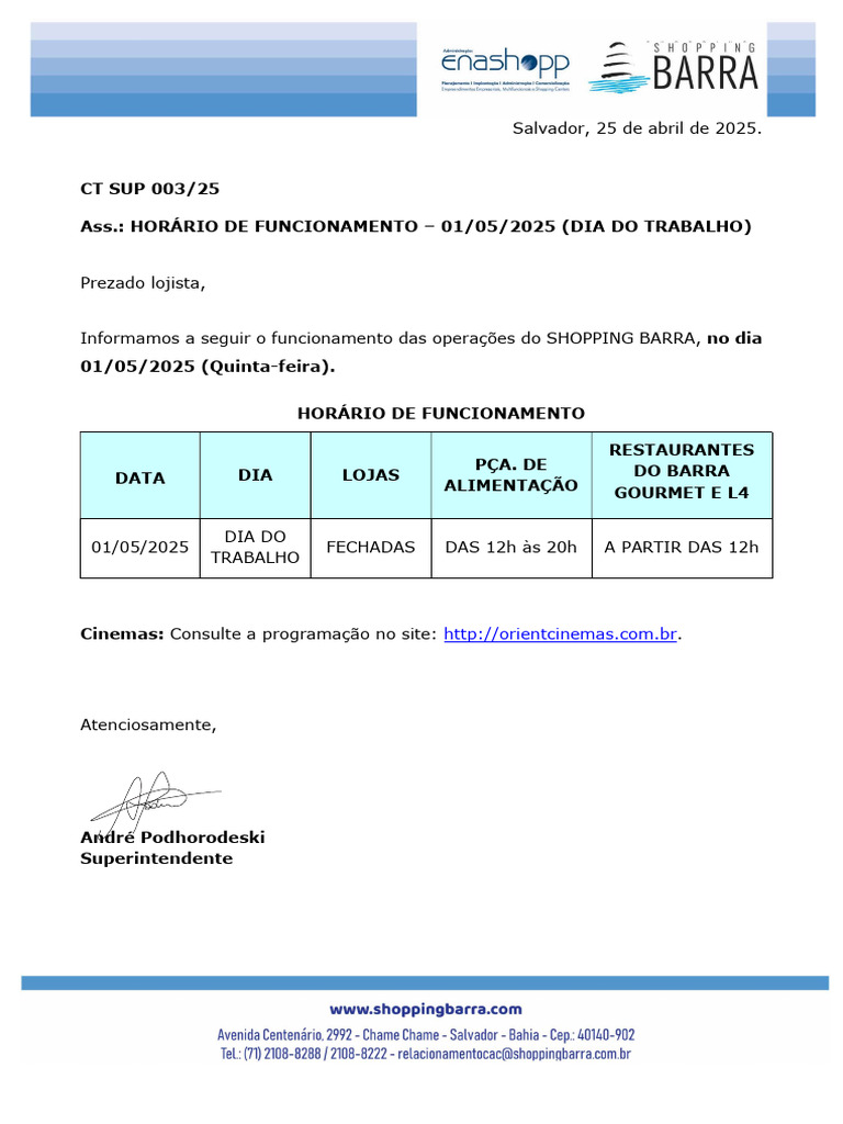 Circular CT SUP 003 - 25 - Horário de Funcionamento 01 - 05 - 25 - Dia ...