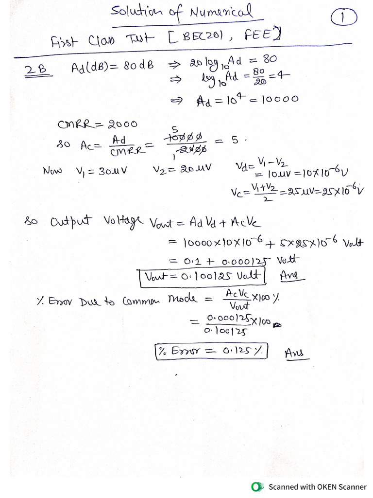 Electronics Solutions of Numerical in First Class Test | PDF