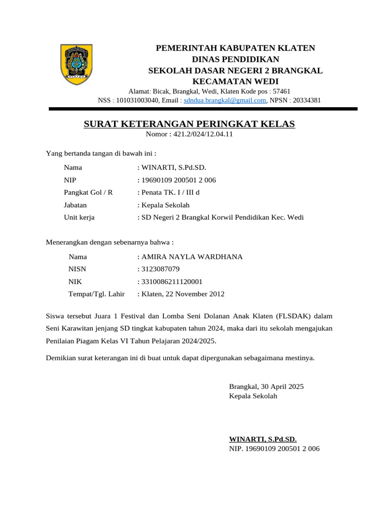 Surat Keterangan Mengajukan Piagam Kelas 6 BARU | PDF