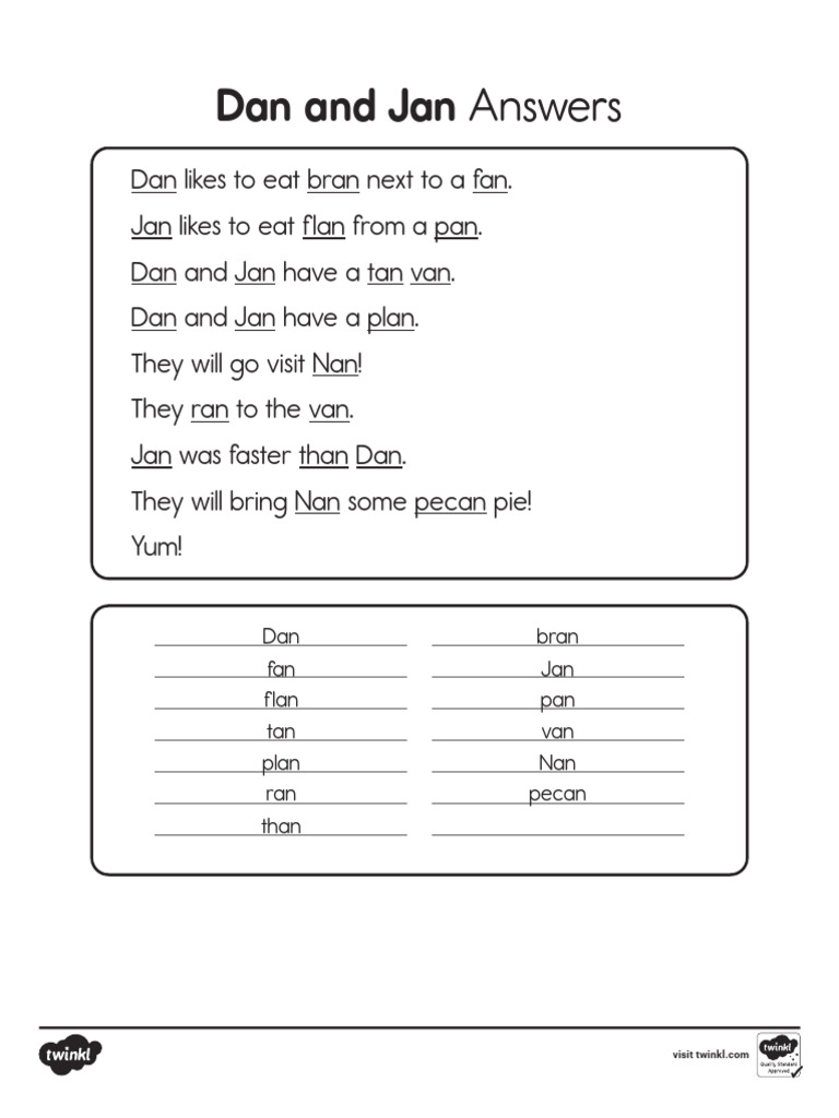Answer Key Dan and Jan Read Highlight and Write Word Family Activity | PDF