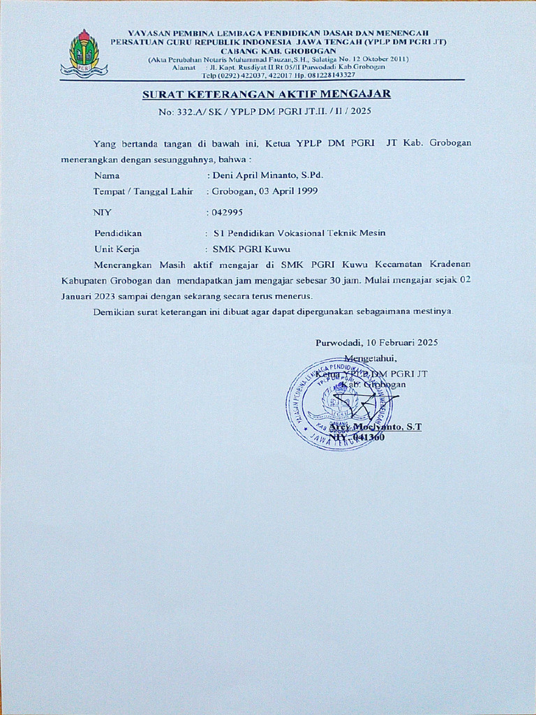 Surat Aktif Mengajar Deni - PDF - 20250426 - 193122 - 0000 | PDF
