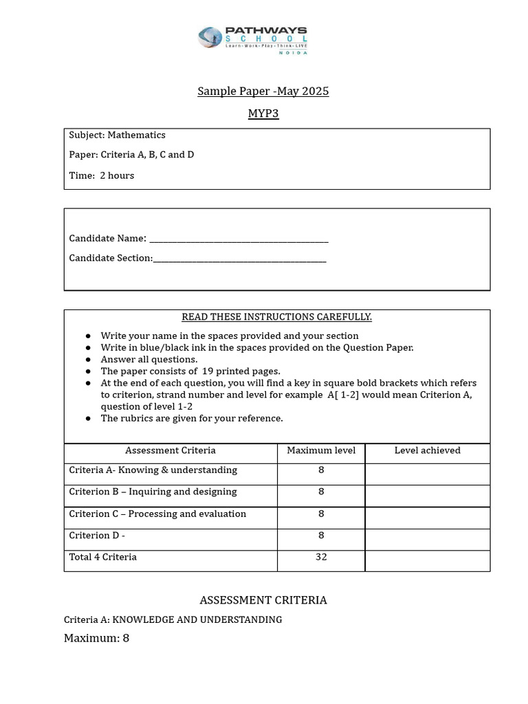 MYP3 Math Sample Paper May 2025 | PDF | Area | Mathematics