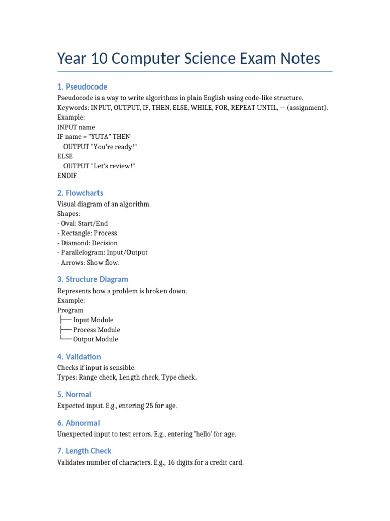 Year 10 CS Exam Notes | PDF