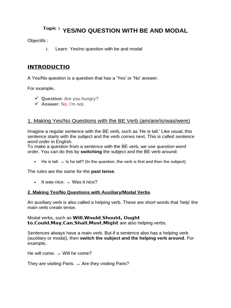 Yes or No Question | PDF | Verb | Subject (Grammar)