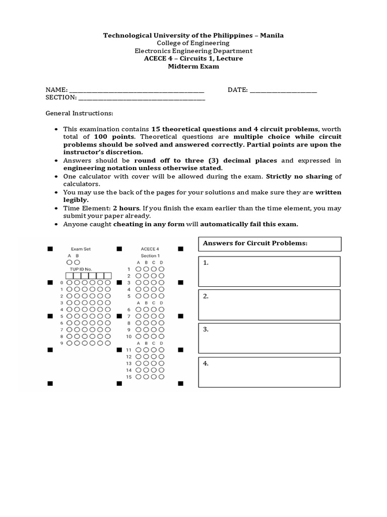 Electronics Engineering Midterm Exam | PDF | Electrical Network ...