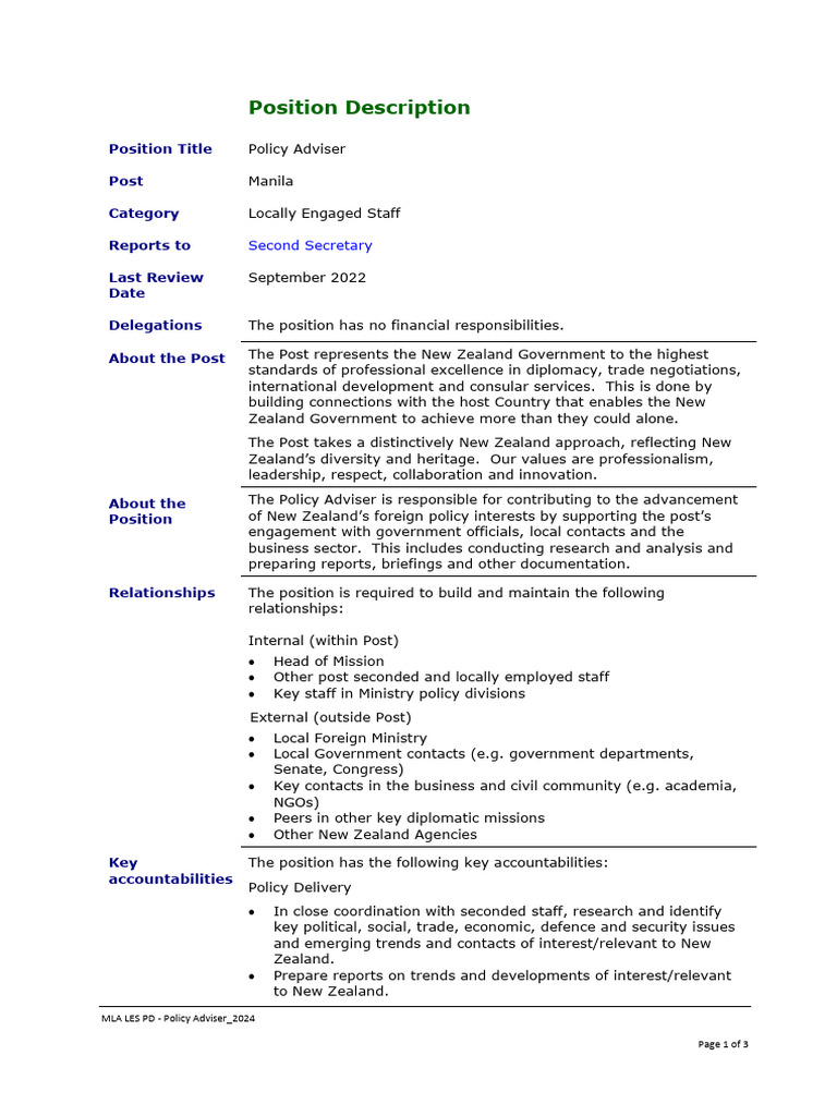 Policy Adviser Position Description 2024 | PDF | Policy | Diplomatic Rank